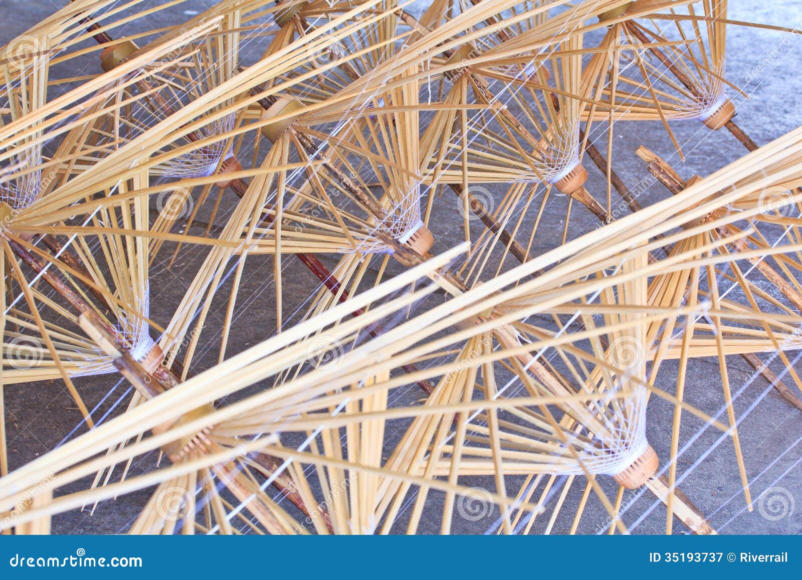 Wooden umbrella frames stock image. Image of burlap, fiber - 35193737