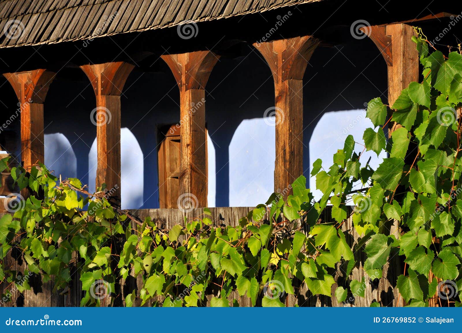 Wooden Veranda with Grape Leaves Stock Photo - Image of ethnography ...