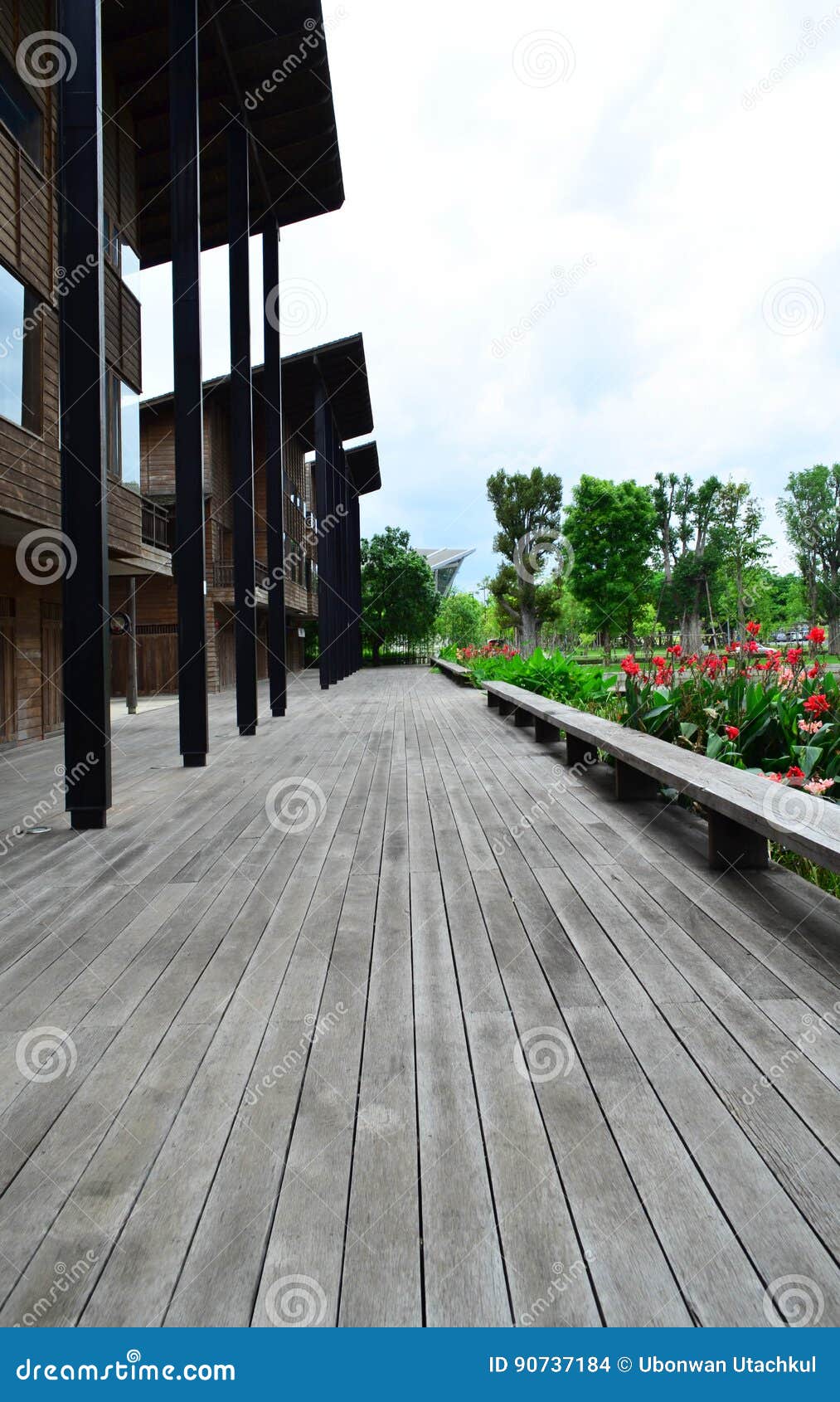 Wooden Walk Way in Front of Building Stock Photo - Image of asian, wood ...
