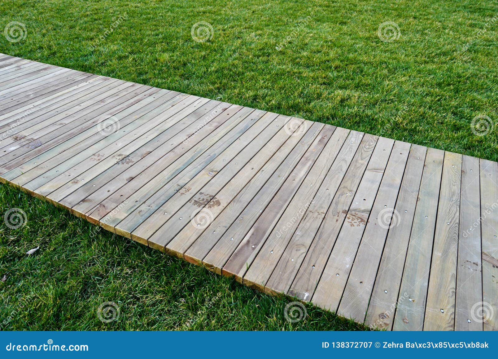 Wooden Walking Path on Green Grass. Stock Image - Image of green, calm ...