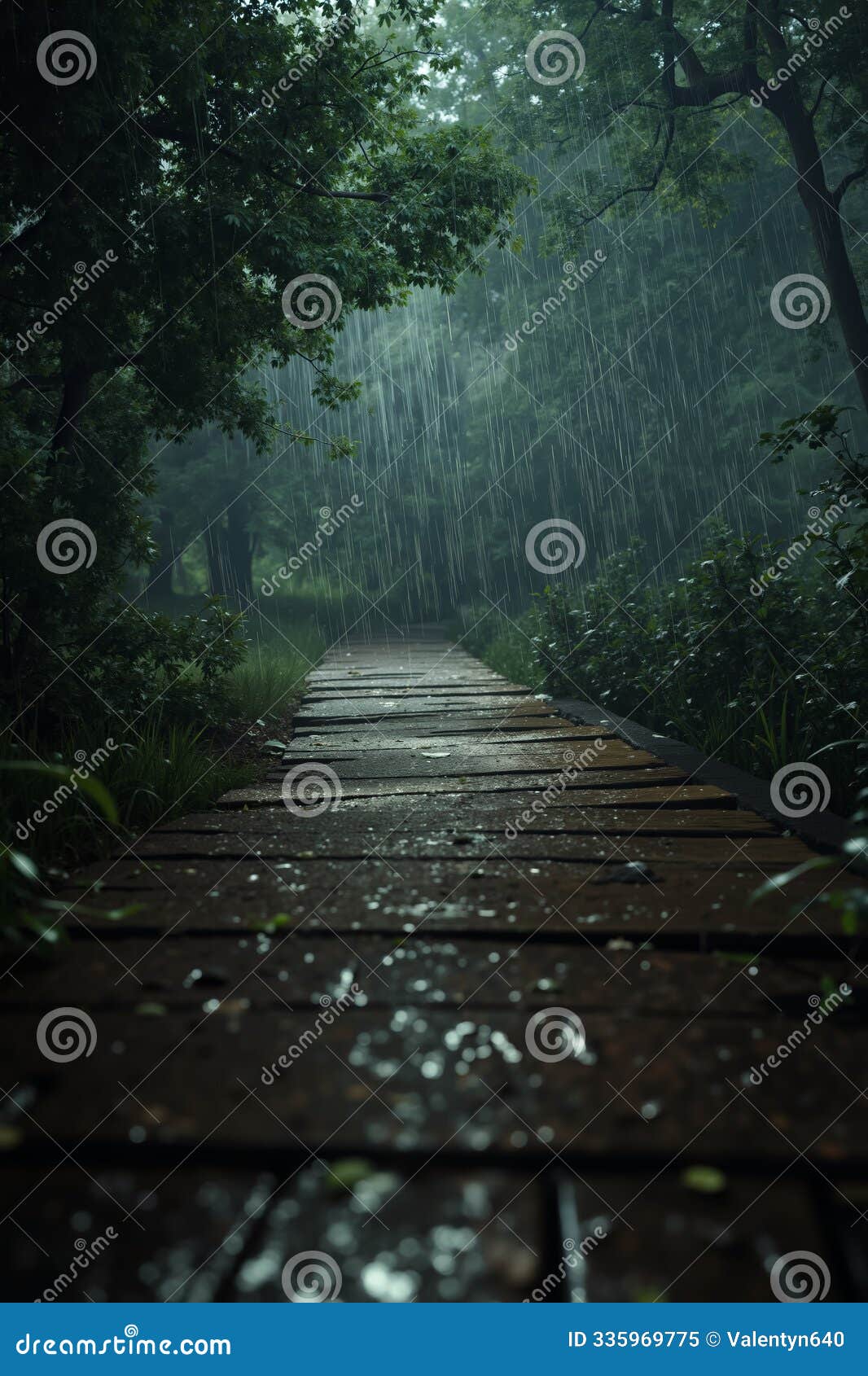 A Wooden Walkway in the Middle of a Forest in the Rain Stock Image ...