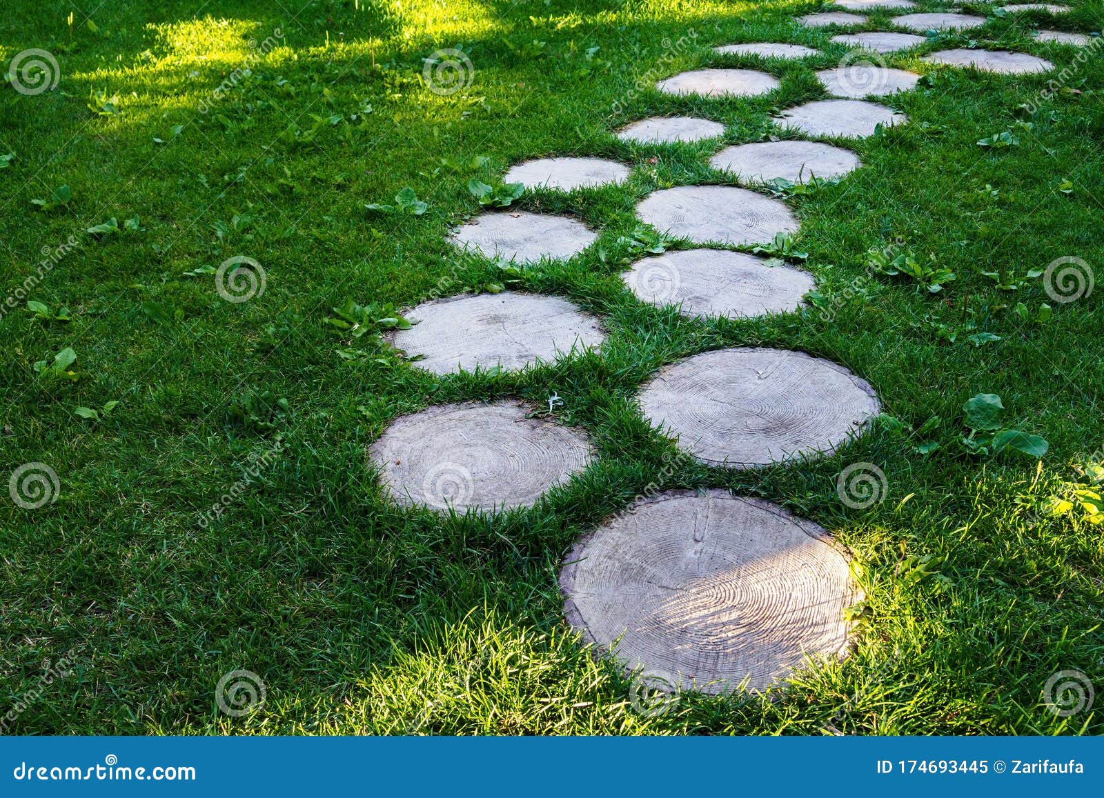 Wooden Walkway, Path of Tree Stumps on Green Grass in Sunny Summer Day ...