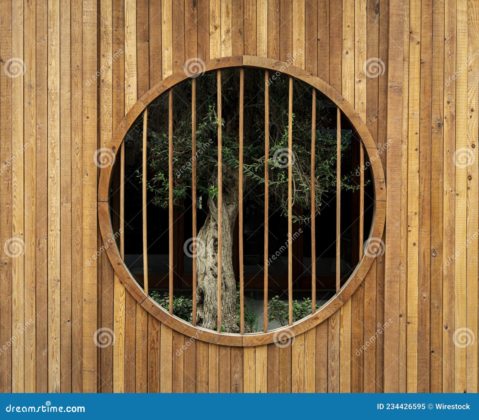 Wooden Wall with a Lattice Round Window Stock Image - Image of lattice ...