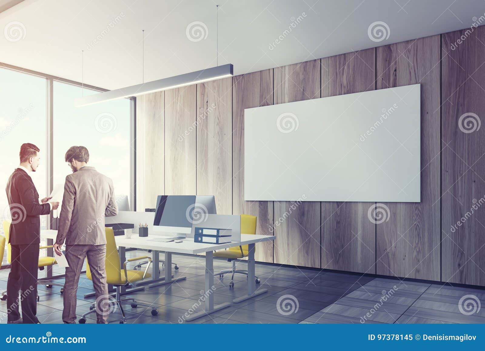 Wooden Wall Open Office Interior, Poster, Men Stock Image - Image of ...