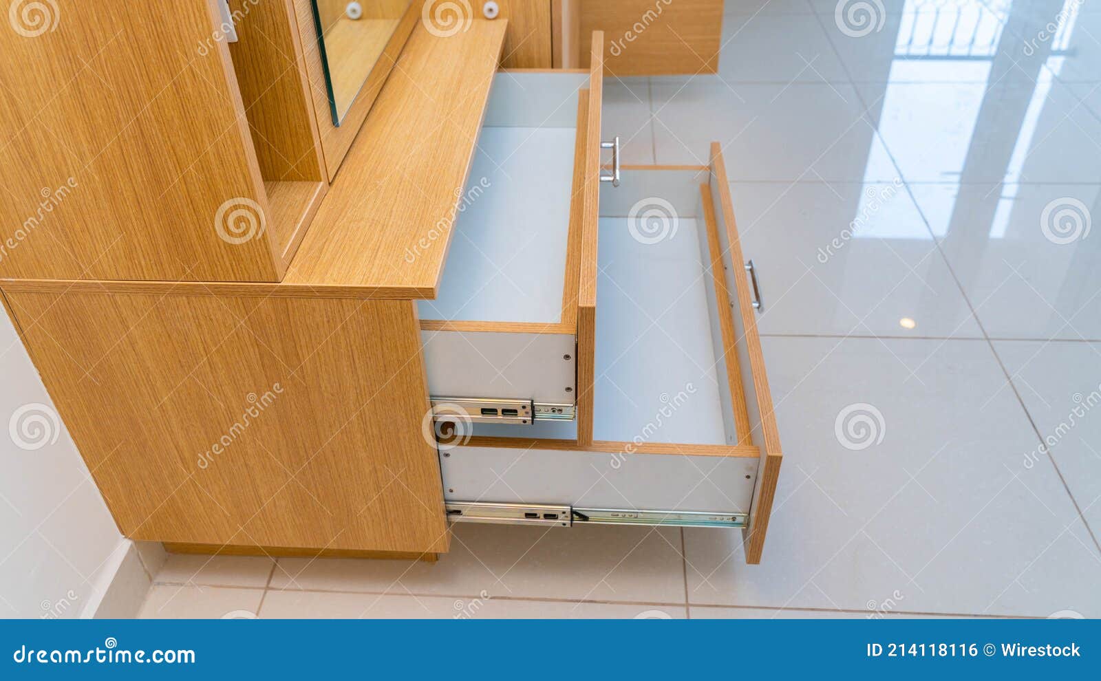 Wooden Wardrobe with Open Drawers Stock Photo - Image of tile, storage ...