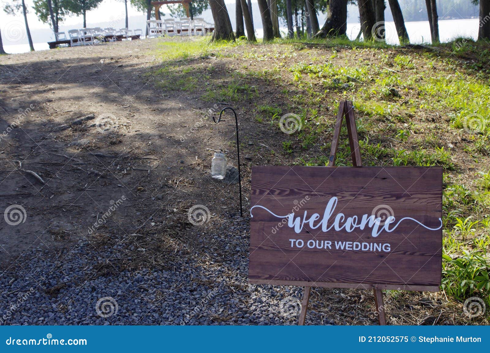 Wooden Welcome To Wedding Sing Outside on Rustic Path Stock Image ...