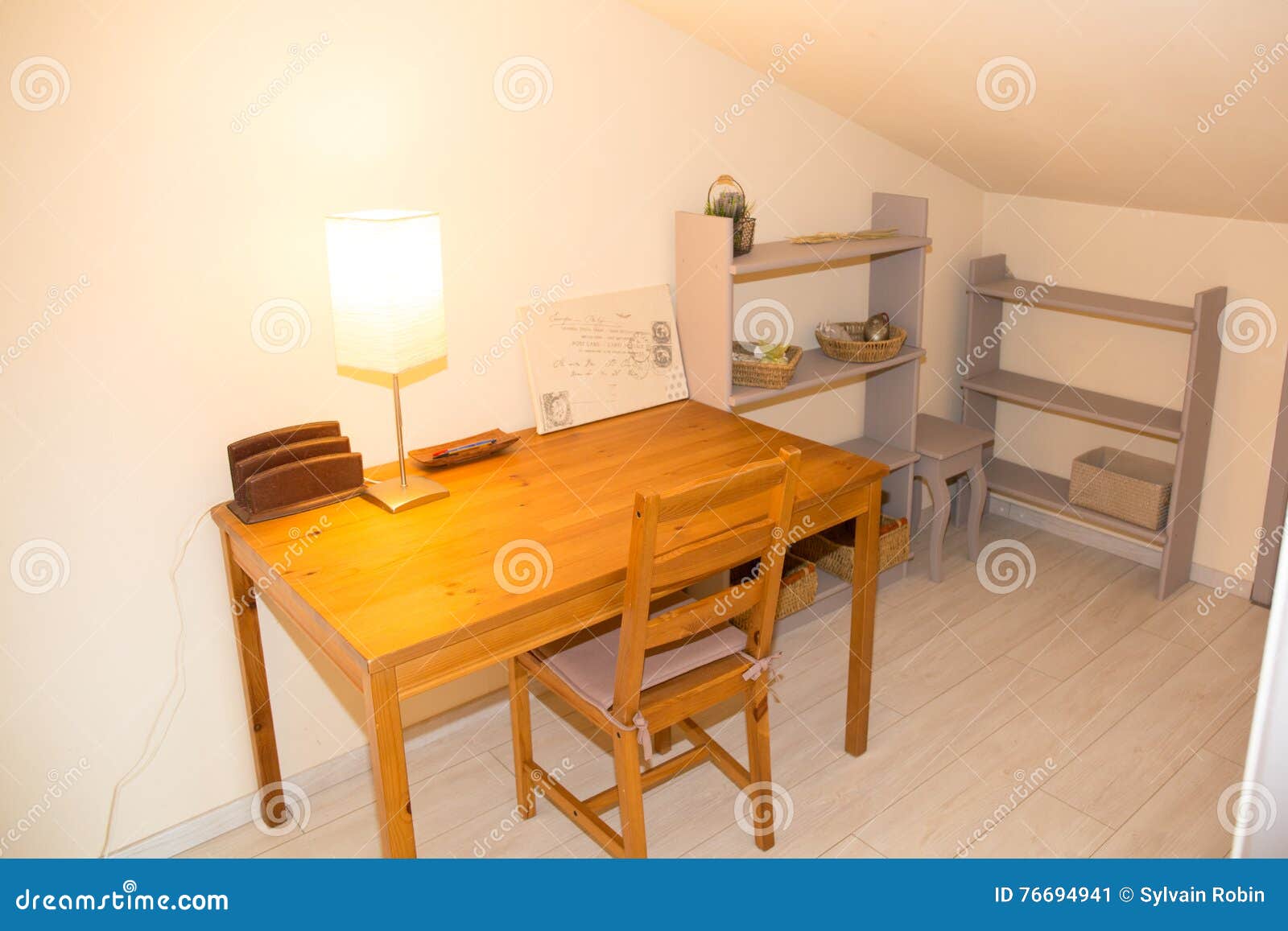 Wooden Well Arranged Desk Prepared To Work Stock Image - Image of room ...