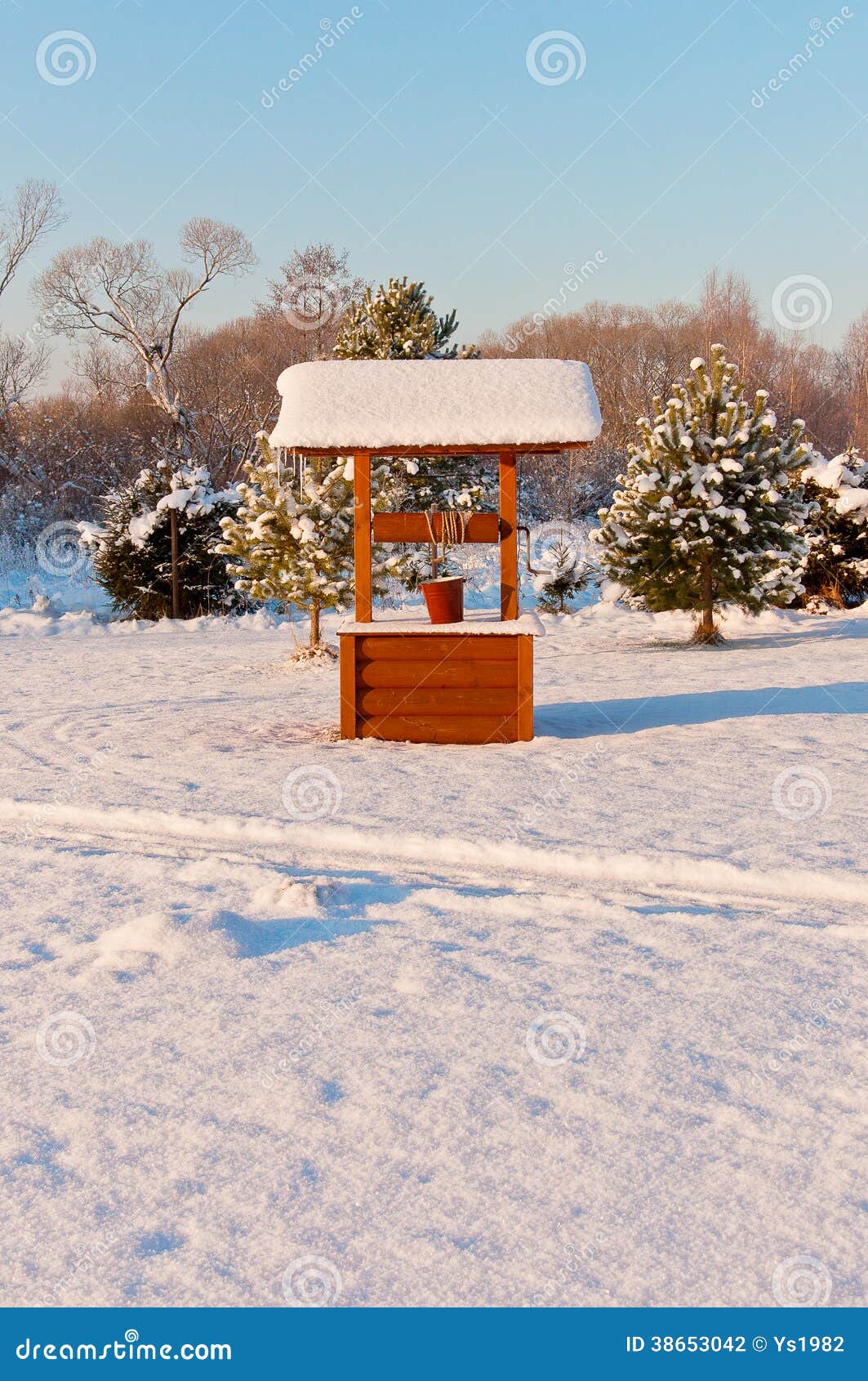 Wooden Well on Winter Snow Landscape Stock Photo - Image of building ...