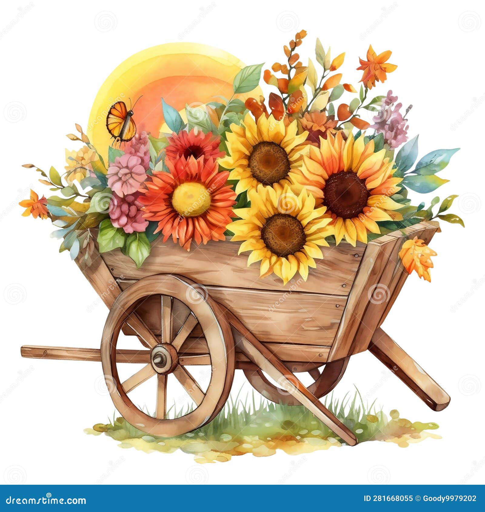 Wooden Wheelbarrow with Sunflower Clipart, Fall Wheelbarrows Stock ... Wooden Wheelbarrow with Sunflower Clipart, Fall Wheelbarrows Stock ...