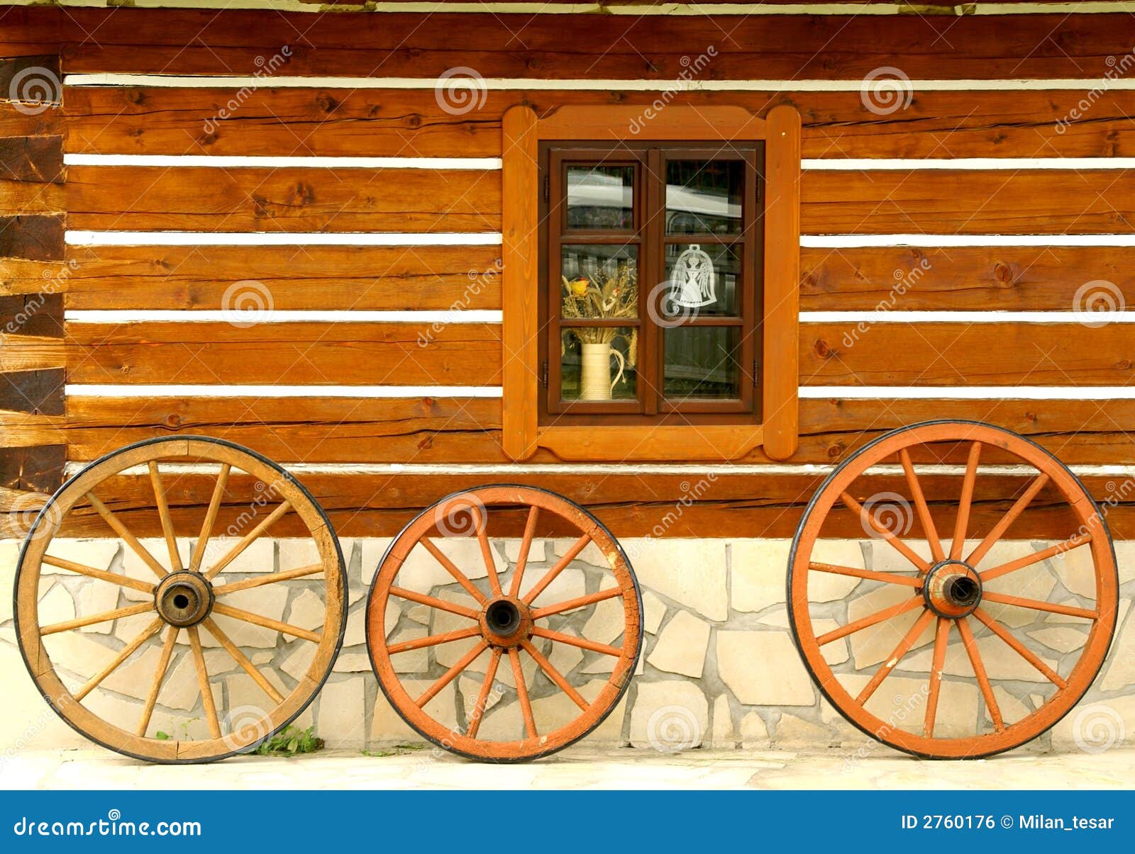 Wooden Wheels at Cottage Wall Stock Photo - Image of classic ...