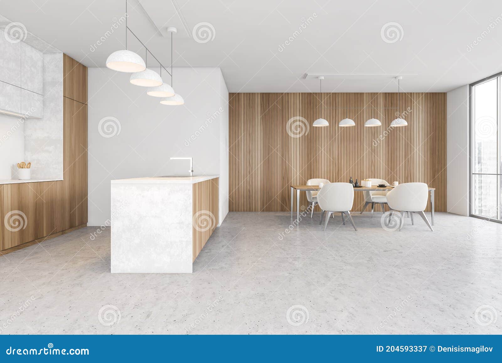 Wooden and White Kitchen with Table, Side View Stock Illustration ...
