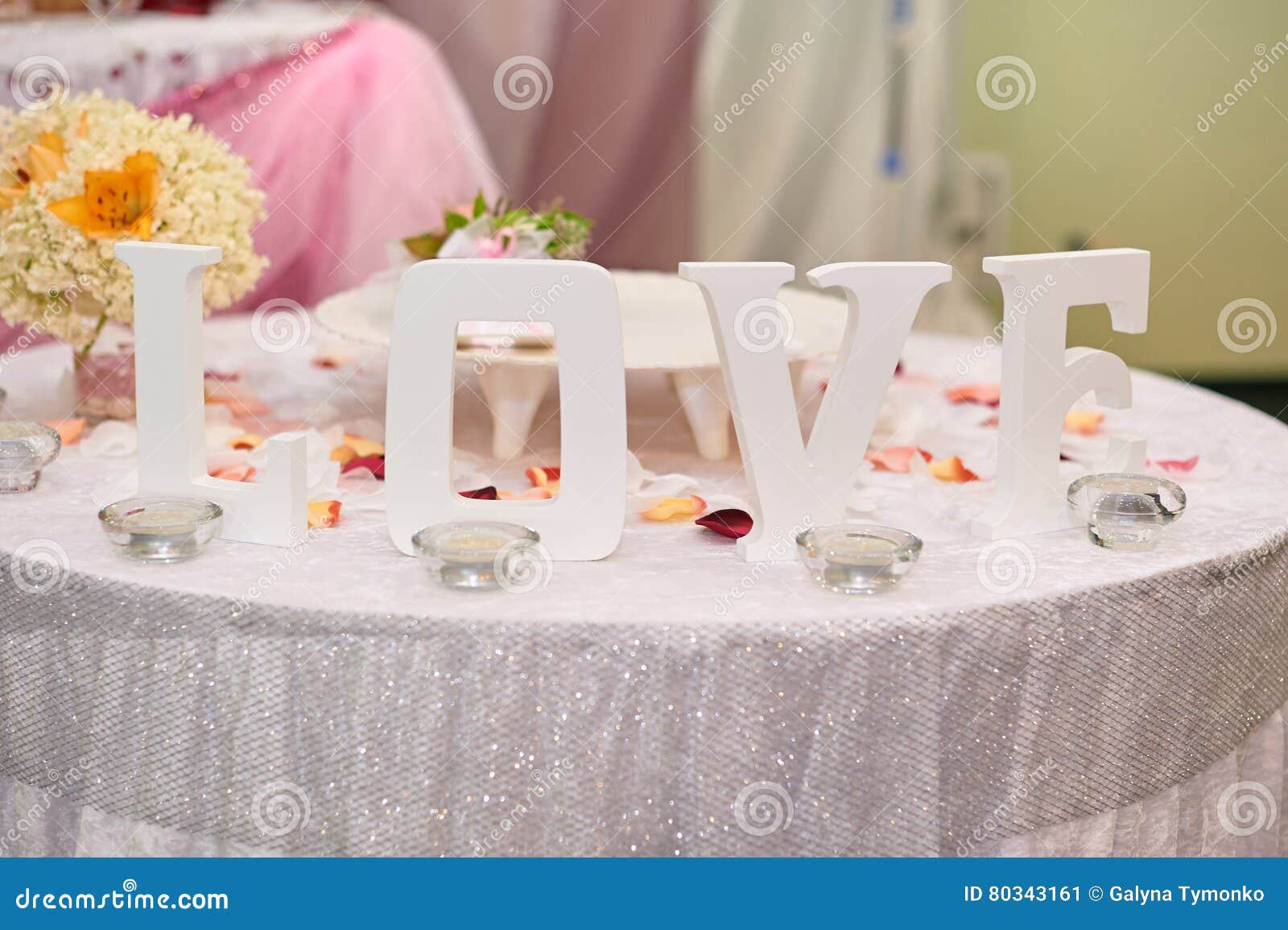Wooden White Letters LOVE on the Table. Wedding Decor Stock Image ...