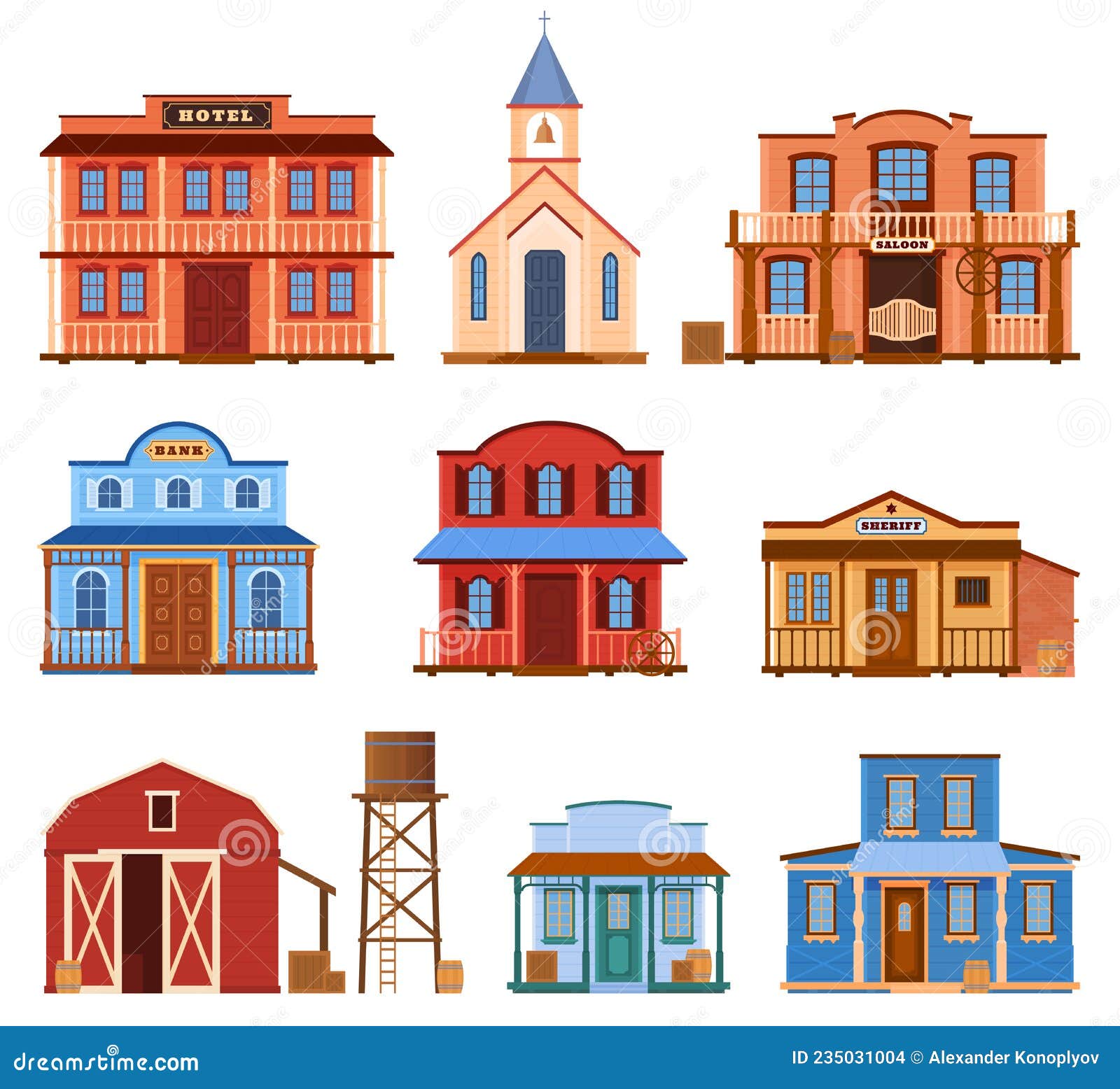Wooden Wild West Style Buildings Set Vector Illustration Antique ... Wooden Wild West Style Buildings Set Vector Illustration Antique ...