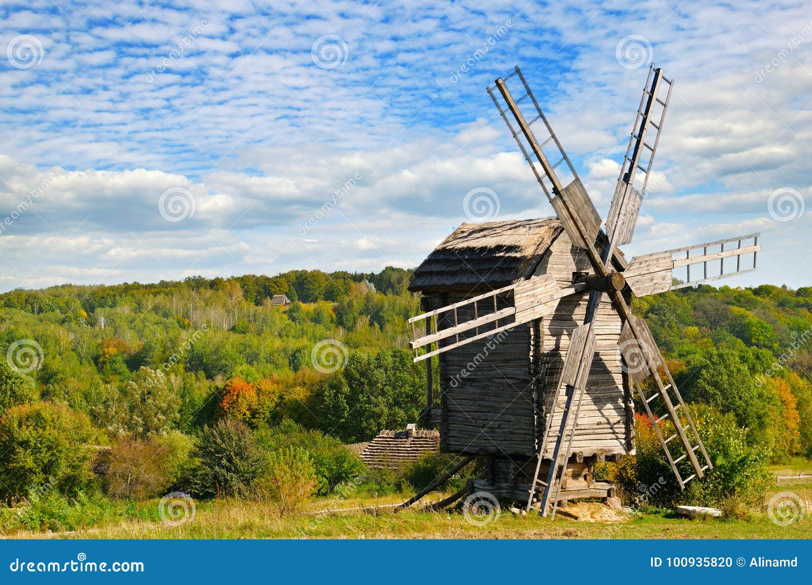Wooden Windmill in Field and Sky Stock Photo - Image of landmark, park ...
