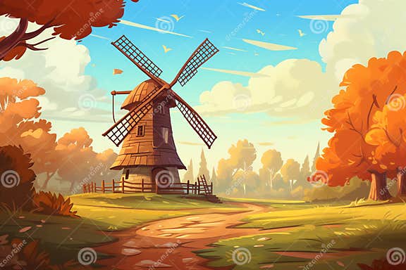 A Wooden Windmill Vector Fall Background Stock Illustration ...