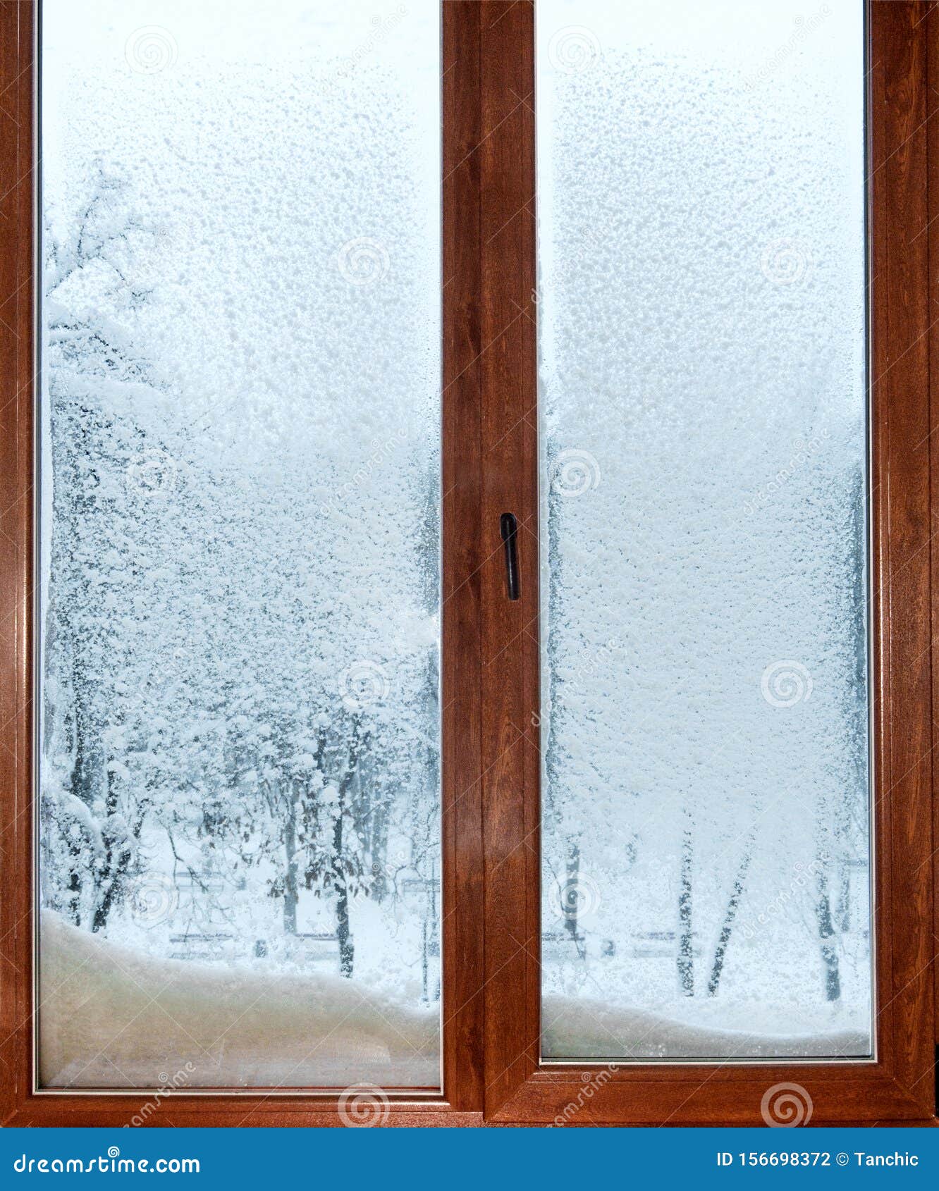 Wooden Window in the Snow, View of Snowy Trees Stock Photo - Image of ...