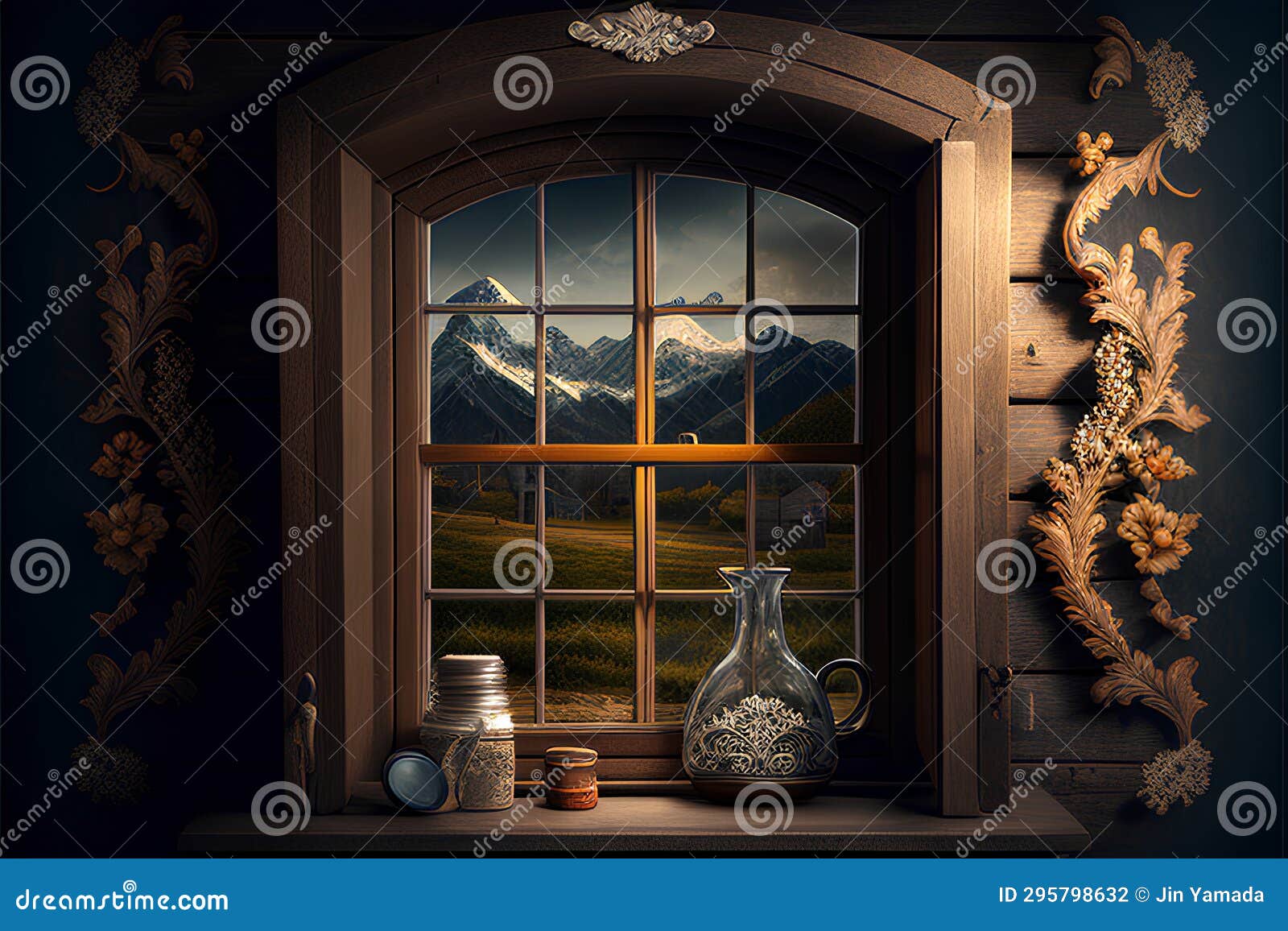 Wooden Window with a View of the Mountains. 3d Rendering Stock ...