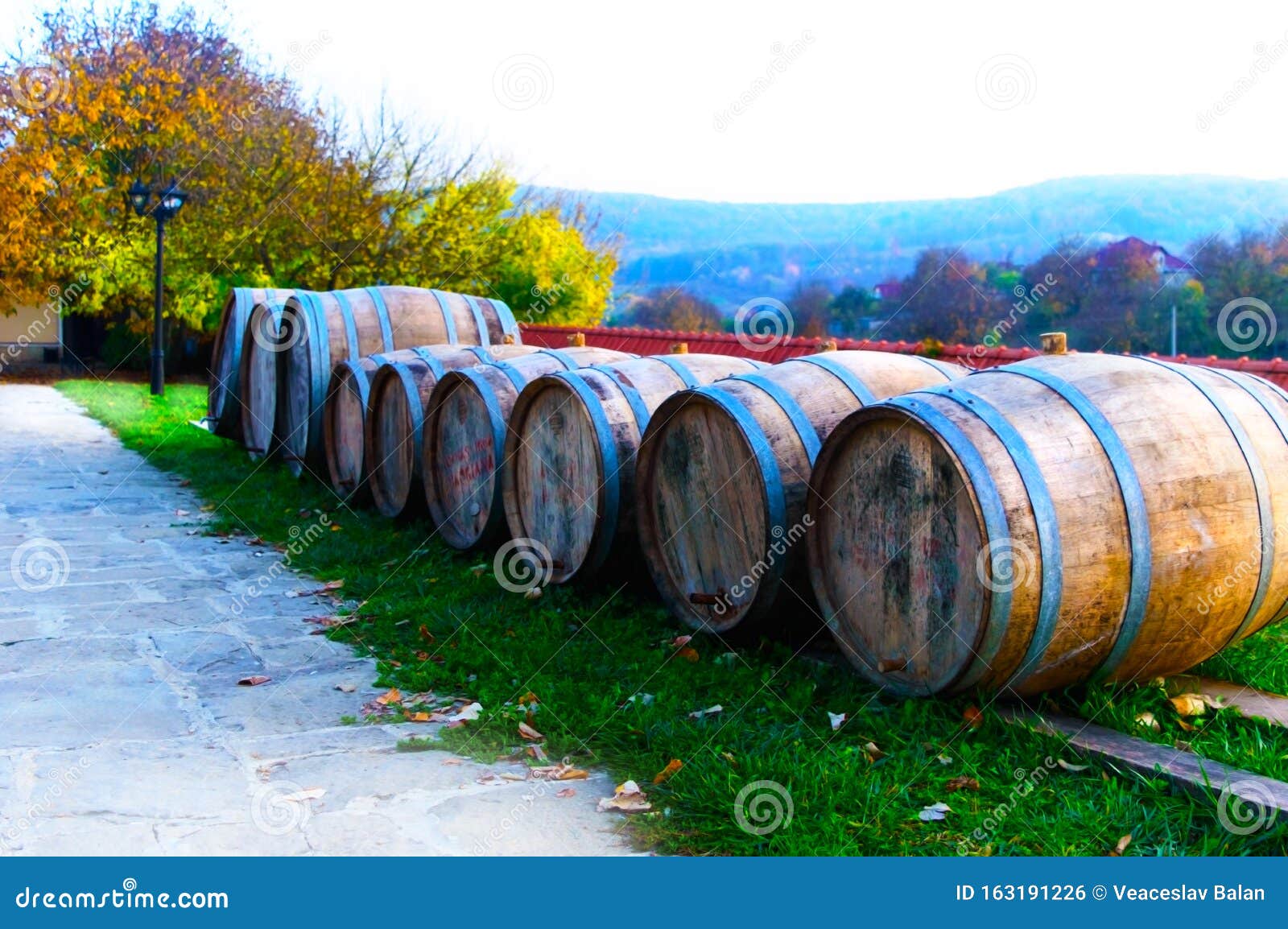 Wooden Wine Barrels in the Courtyard of the Monastery in the Fall Stock ...