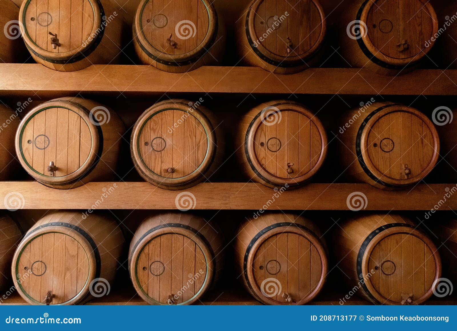 Wooden Wine Barrels Placed on Wooden Shelves Stock Image - Image of ...