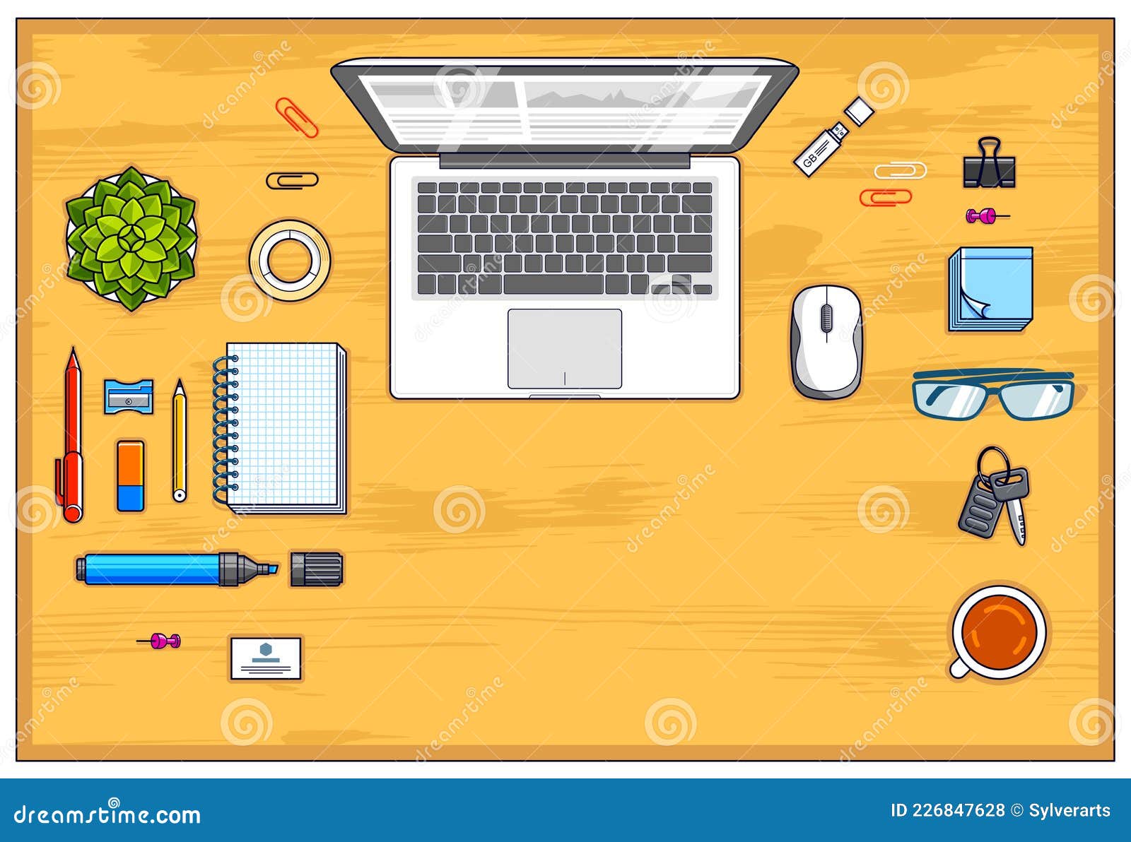 Wooden Work Desk Workspace Top View with Laptop Computer and a Lot of ...