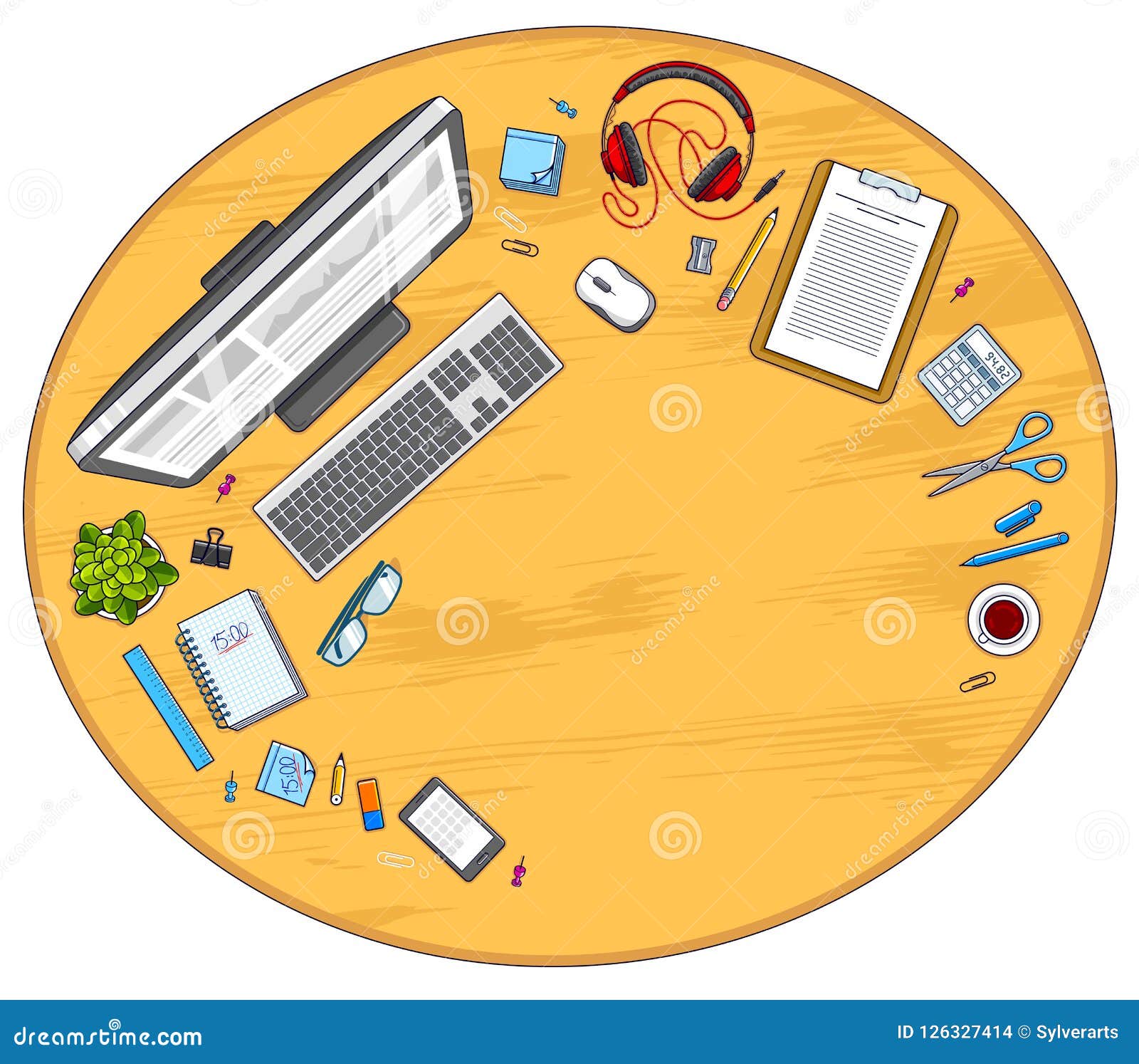 Wooden Work Desk Workspace Top View with PC Computer and a Lot O Stock ...