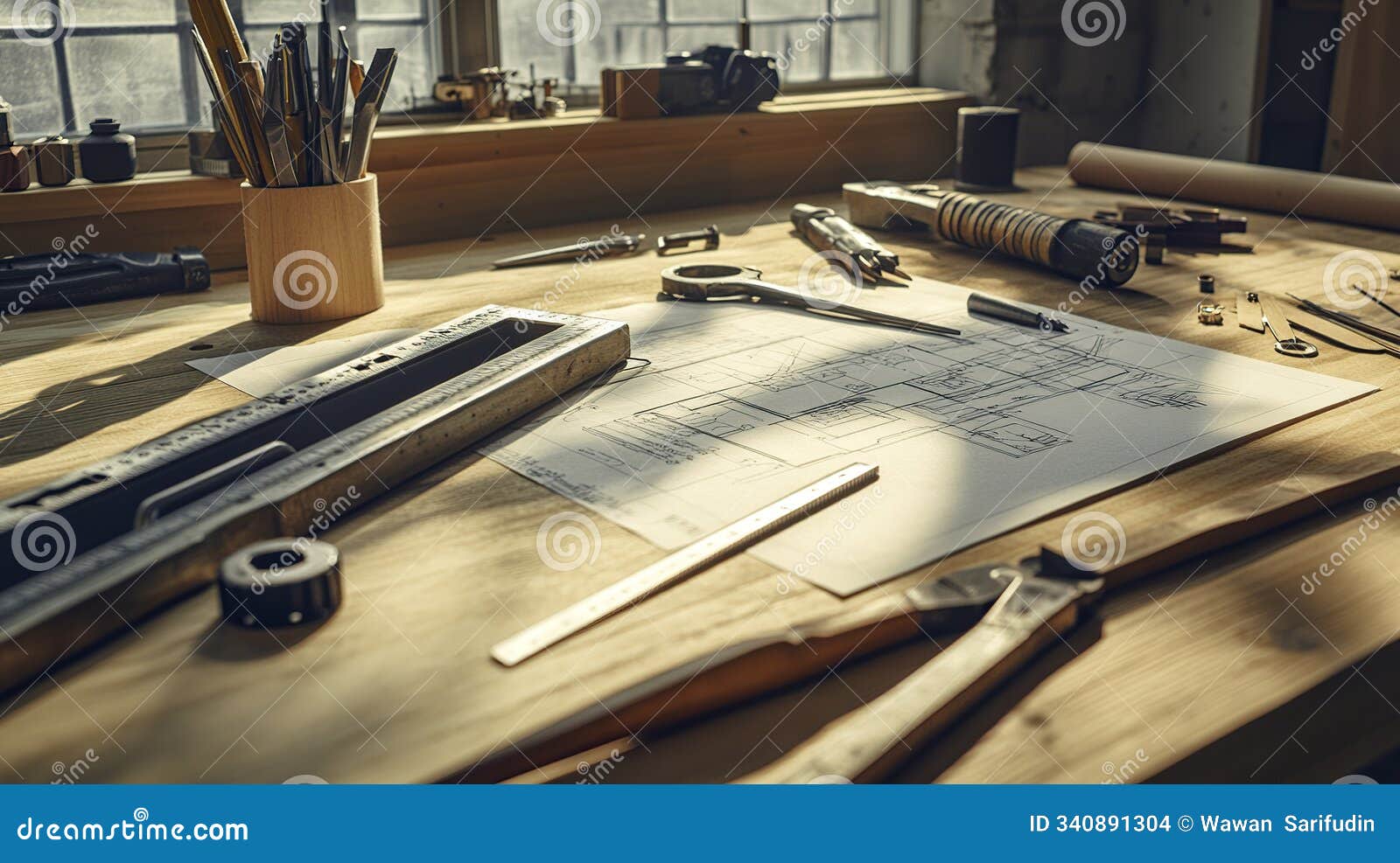 A Wooden Workbench With Tools, A Blueprint And A Pencil Stock ...