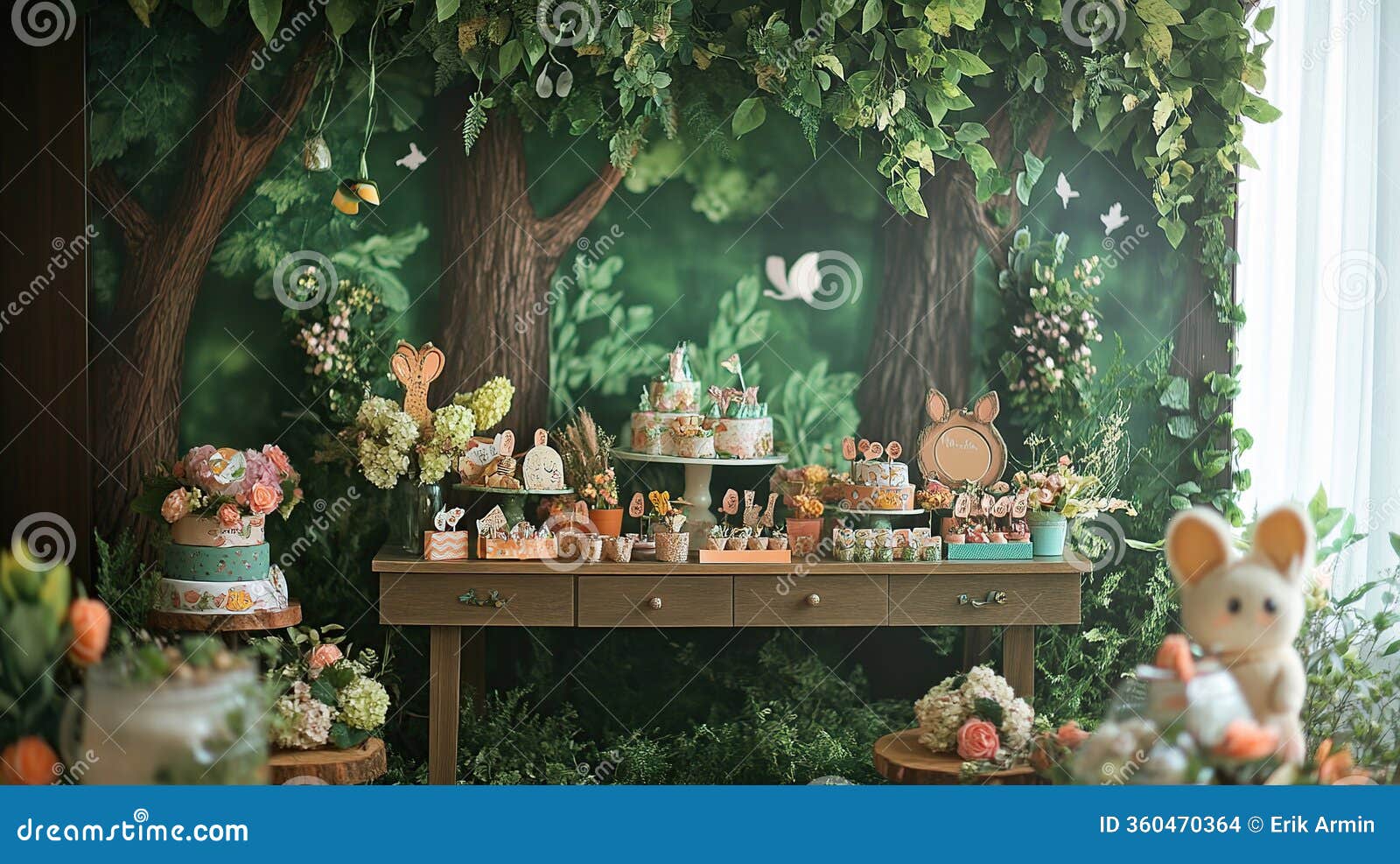 Woodland Dessert Table, Baby Shower, Forest Backdrop Stock Photo ...