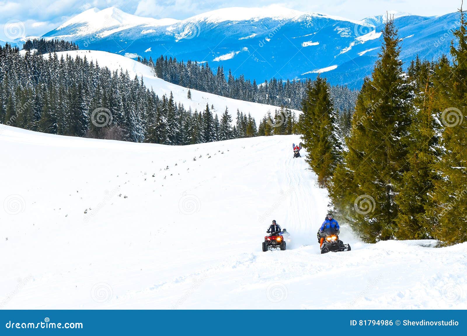 In the Woods on Snowmobiles Stock Photo - Image of drive, arctic: 81794986