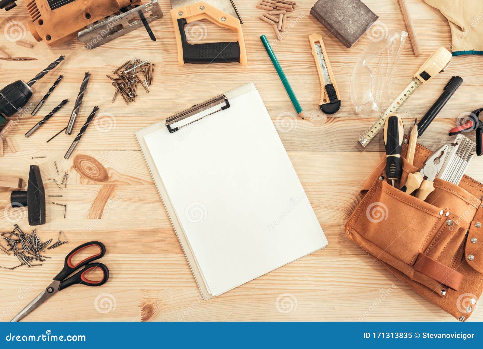 Woodwork Carpentry Mockup with Tools and Clipboard Paper Stock Image ...