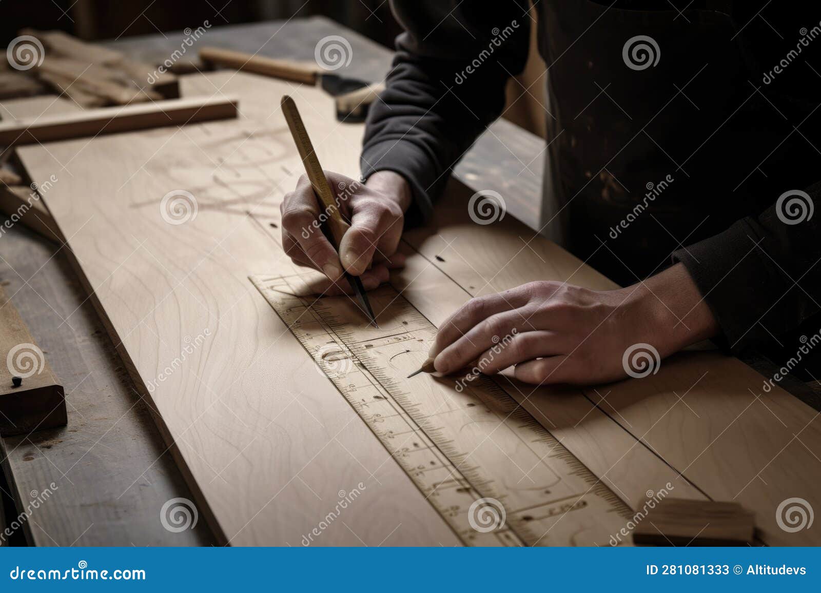 Woodworker Measuring and Marking Cut Lines on Board, with Saw and Ruler ...