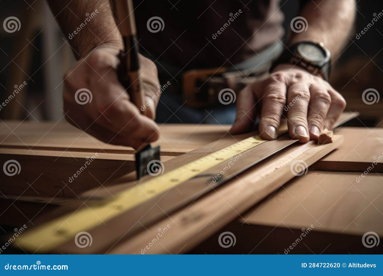 Woodworker Measuring and Marking Cut Lines on a Project Stock ...