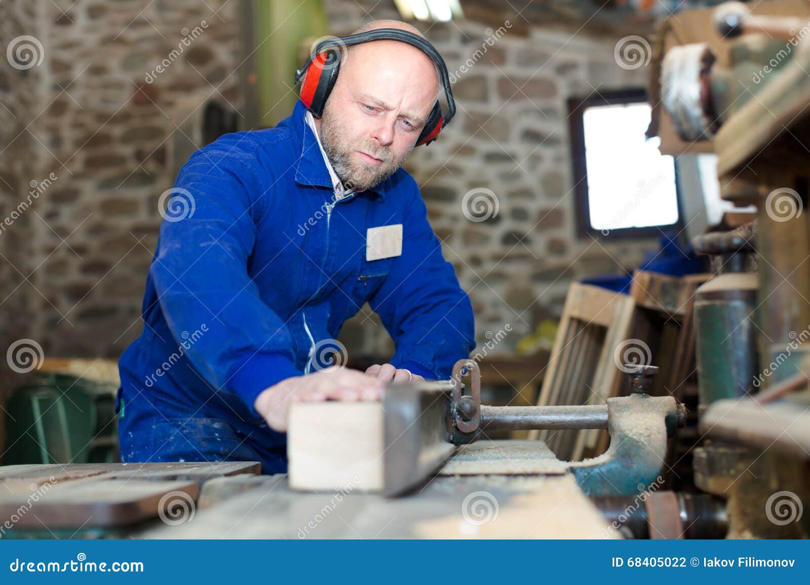 Woodworker Processing Timber on Lathe Stock Photo - Image of shop ...