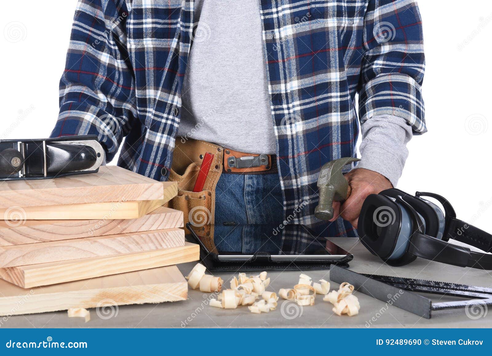 Woodworker Standing Behind Work Bench Stock Photo - Image of tablet ...