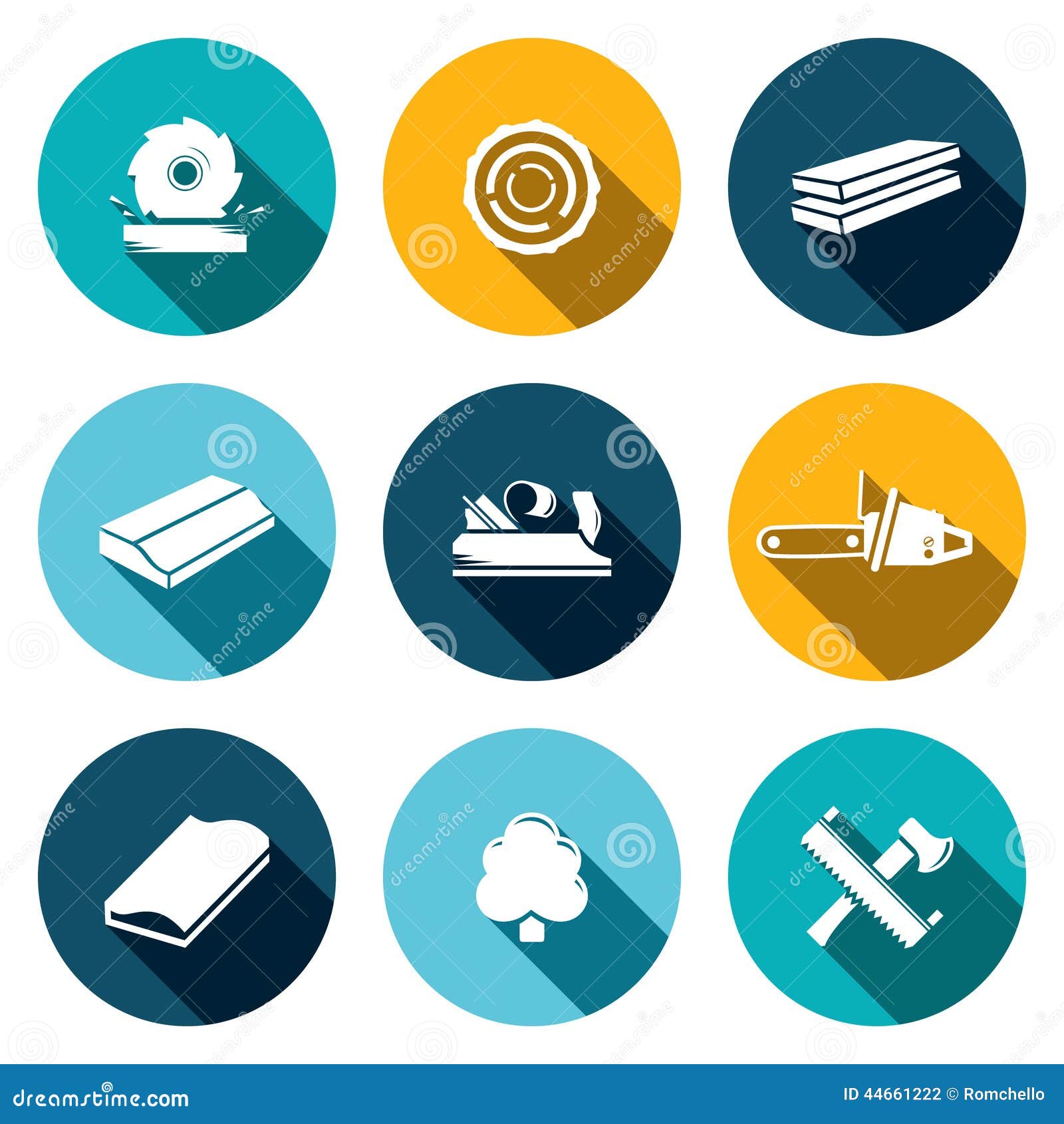 Woodworking flat Icons set stock illustration. Illustration of ...