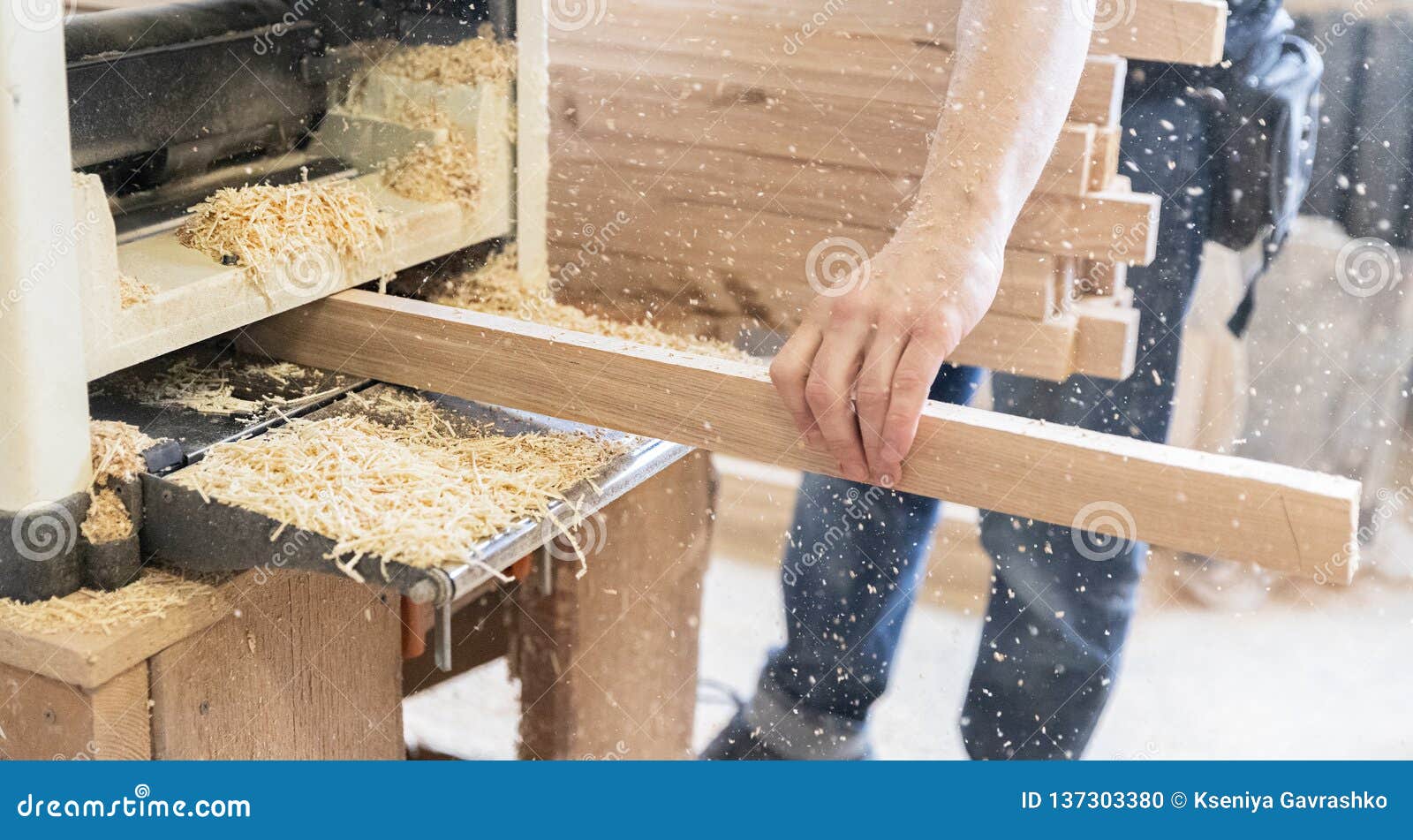 A Man is Processing a Tree. Joiner. a Carpenter. Woodworking Processes ...