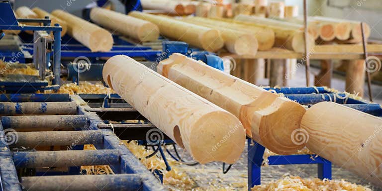 Woodworking Process Displayed in a Workshop with Logs Being Shaped into ...