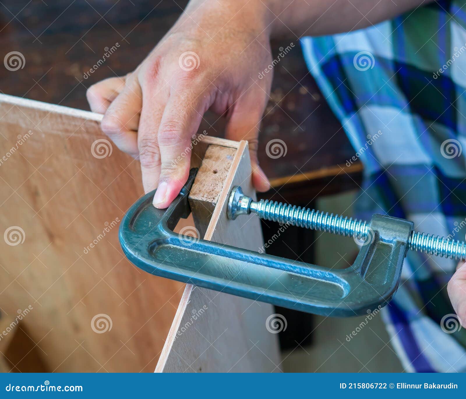 Woodworking. Wood Working Project on Work Bench, with C-clamps and Bar ...