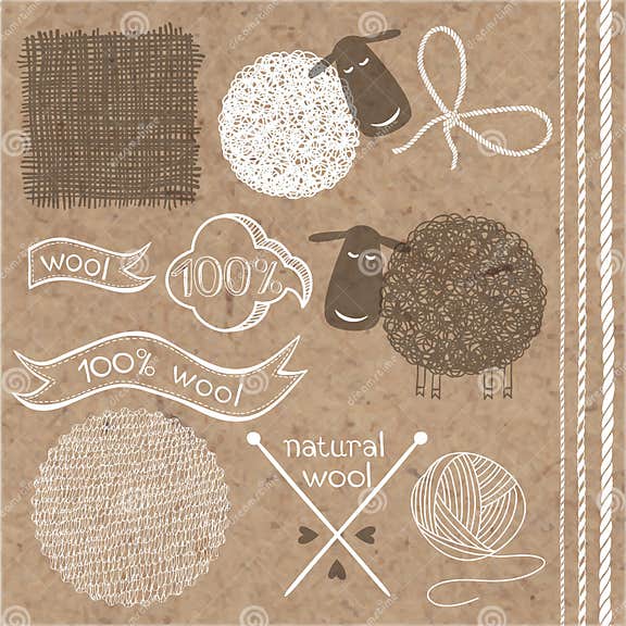 Wool Set. Wool Labels, Stickers and Elements Isolated on Kraft Stock ...