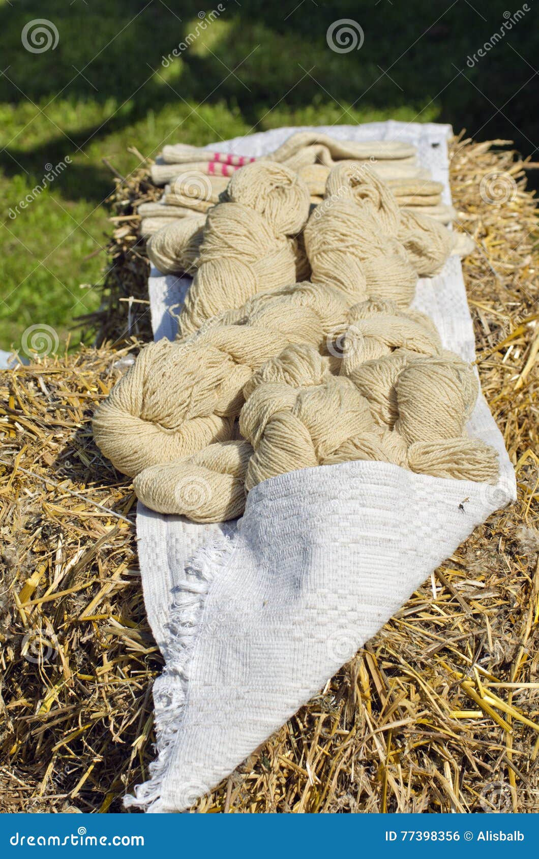 Wool Yarn on Haystack in Medieval Festival Stock Photo - Image of ...