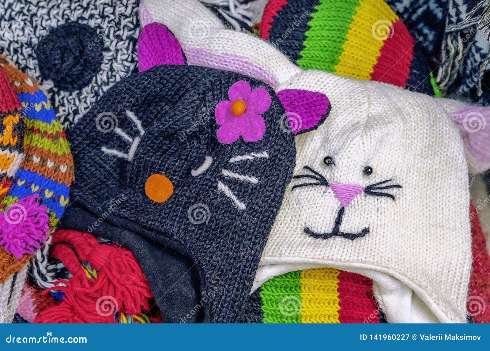 Woolen Children`s Winter Caps on the Shop Window Stock Image - Image of ...