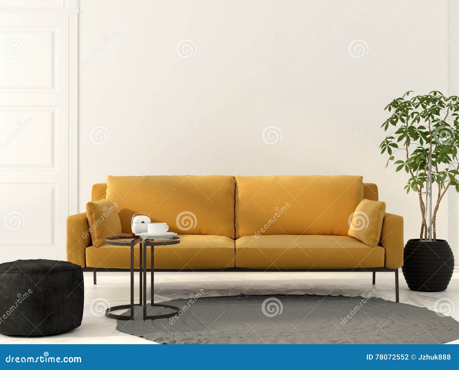 Woonkamer met gele bank stock illustratie. Illustration of groen - 78072552