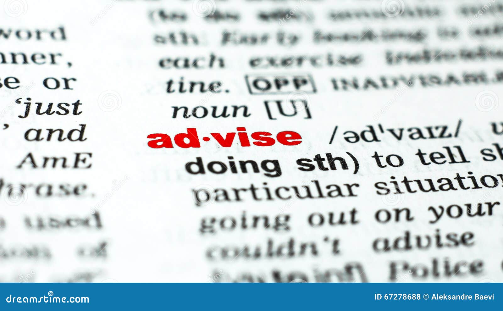 Word advise in dictionary stock photo. Image of meaning - 67278688