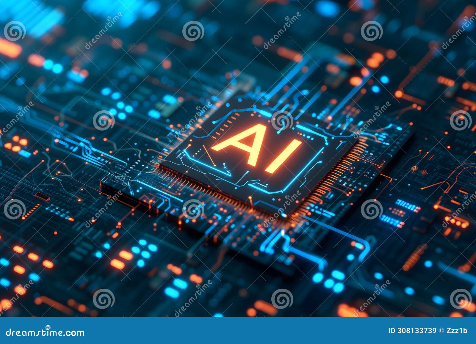 Word AI on Microchip on Black Circuit Board with Orange Glow Stock ...