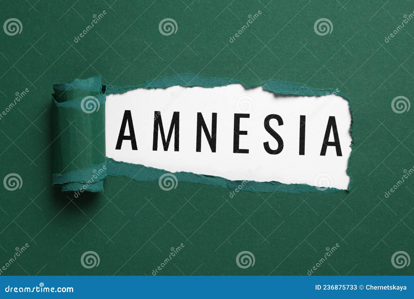 Word Amnesia on White Background, View through Hole in Green Paper ...