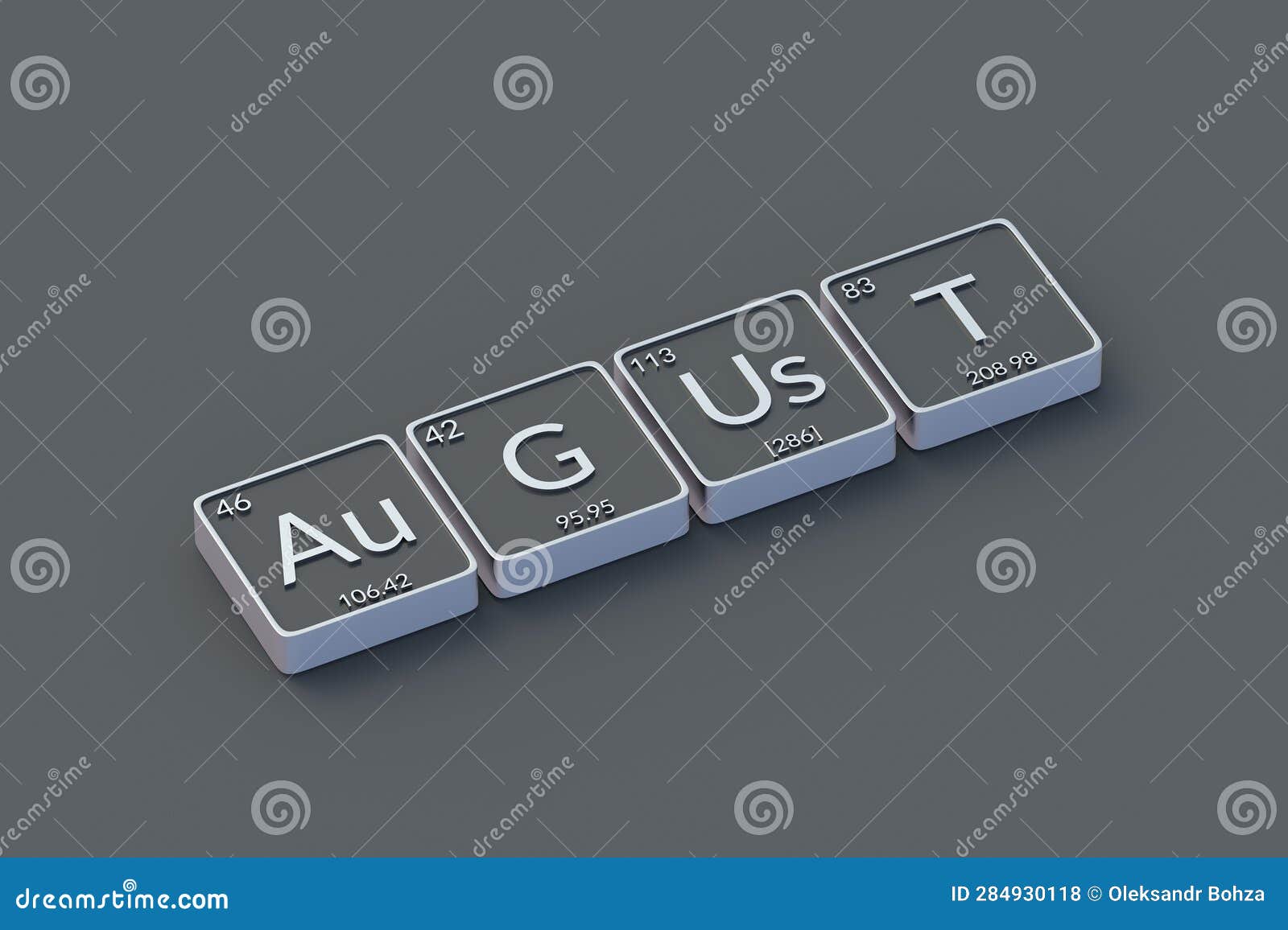 Word August in Periodic Table of Elements Style on Metallic Buttons ...