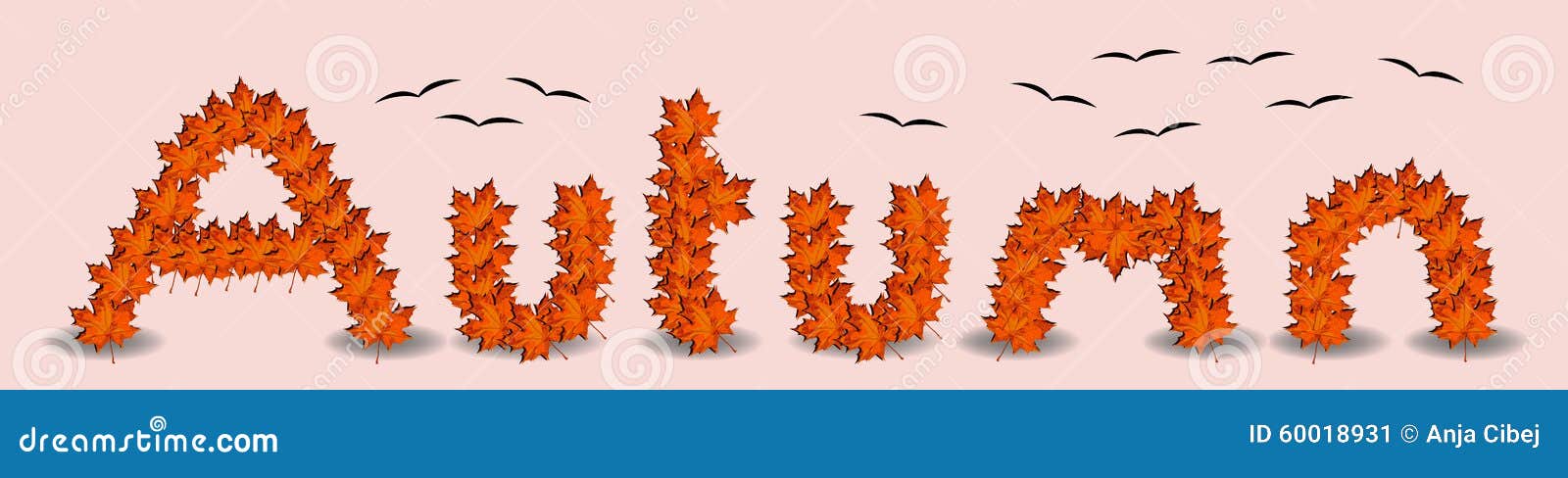 Word Autumn with Flying Birds and Maple Leaves. Stock Illustration ...