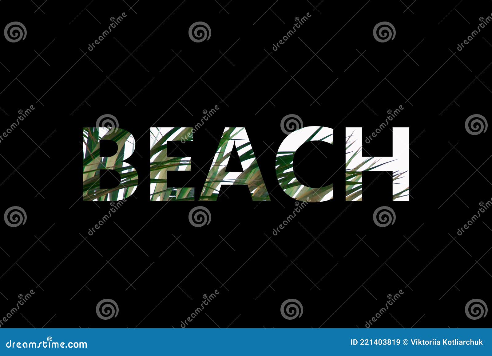 Word Beach with Texture of Green Palm Branches on a Black Background ...