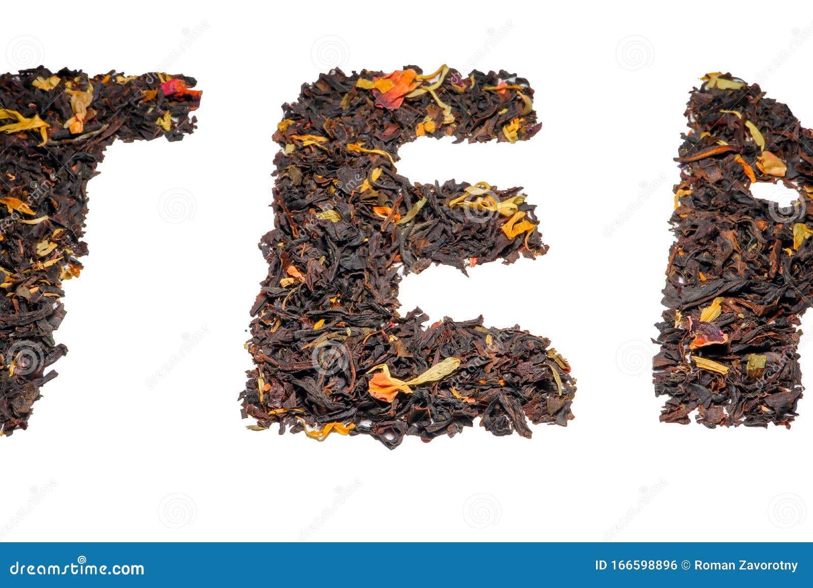 Word Black Tea Tea with Fruit Pieces and Flower Petals Isolate Stock ...