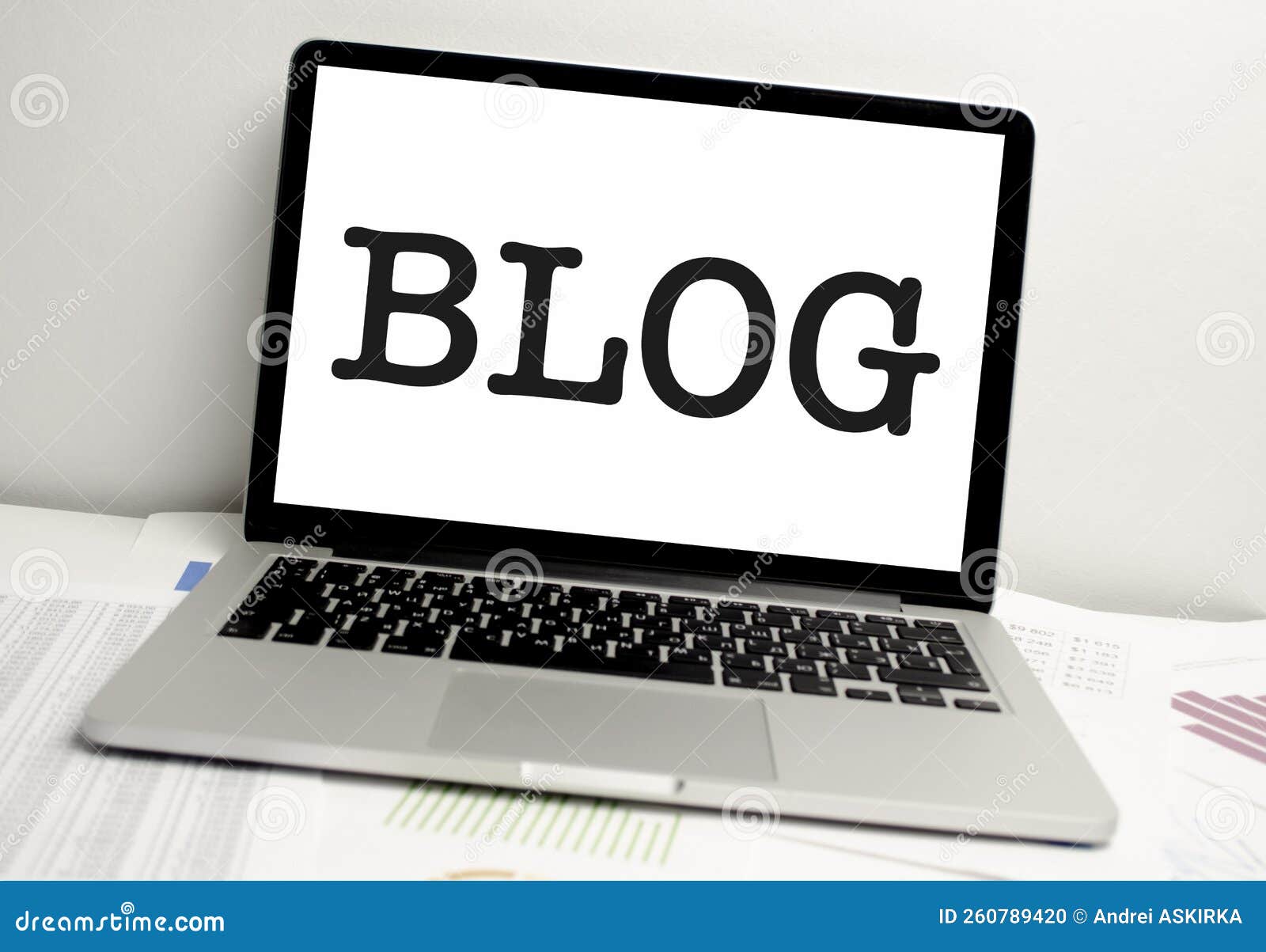 Word Blog on Laptop Display with Charts Stock Photo - Image of grunge ...