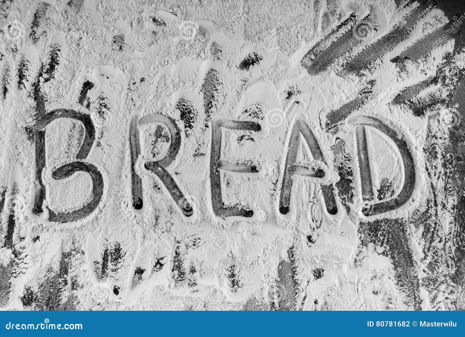 Word Bread Written in Flour on Table Stock Photo - Image of milk, clove ...
